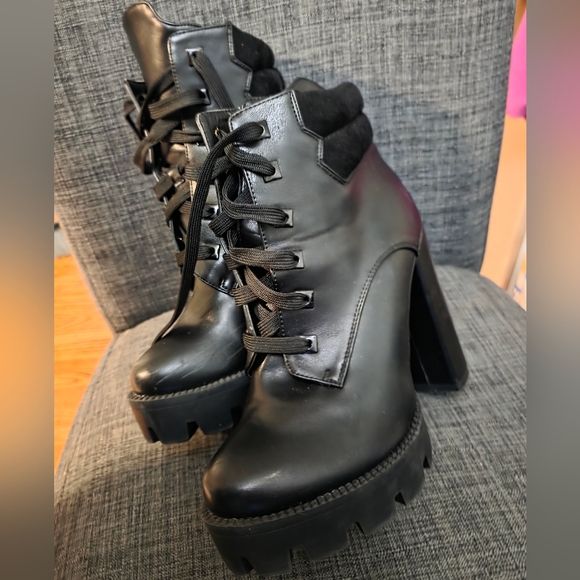 EGO | Shoes | Ego Black Chunky Heel Laceup Boots | Poshmark